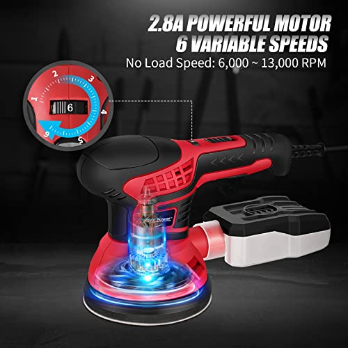 AVID POWER Orbital Sander 5 Inch 2.8 A Random Orbit Sander for Woodworking 13,000 RPM Electric Wood Sander Tools, 6 Variable Speeds, 12 Pcs Sandpapers