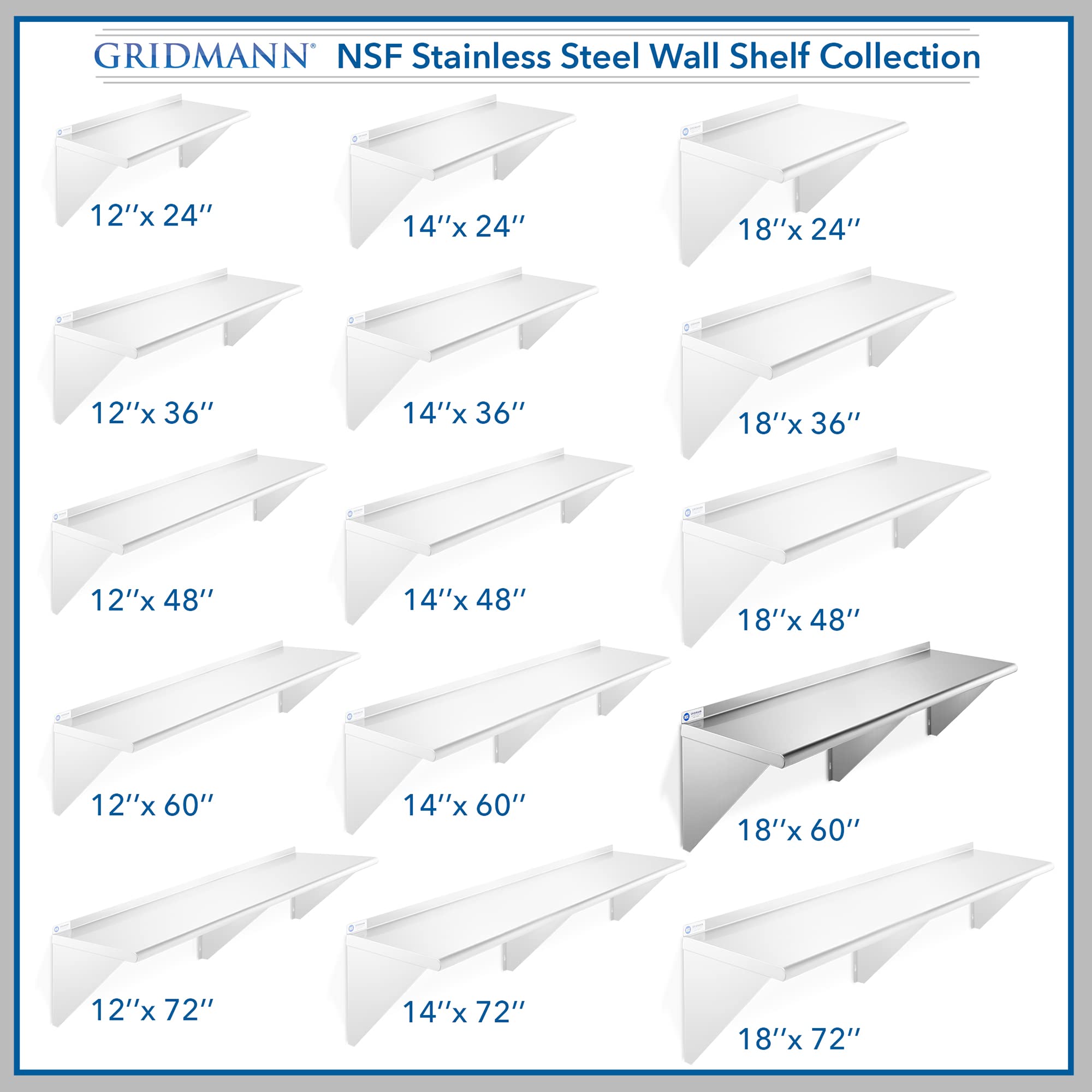 GRIDMANN 18" x 60" Stainless Steel Wall Mount Shelf with Backsplash, Commercial Grade - NSF Certified 18 Gauge Shelving for Restaurant, Kitchen, Utility Room, Garage