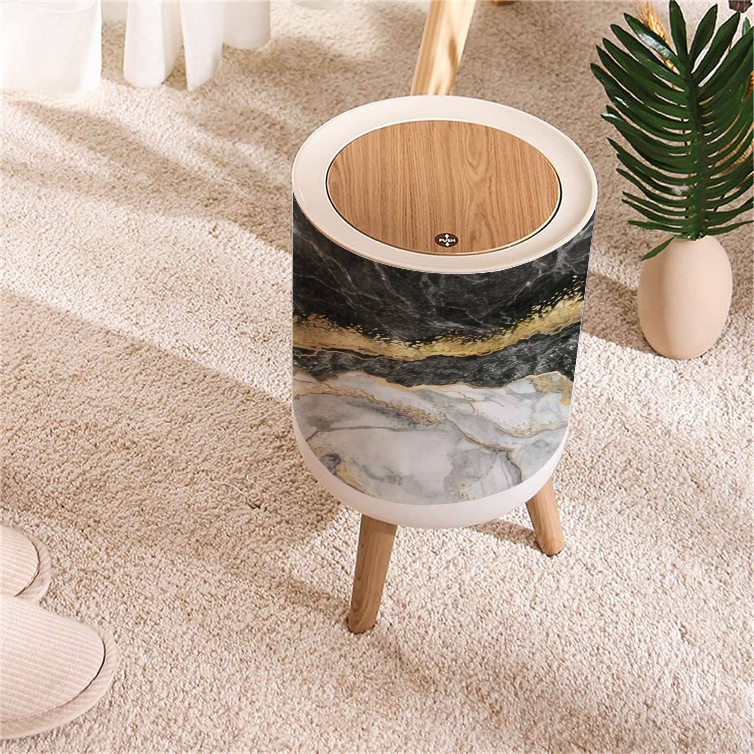 Small Trash Can with Lid abstract creative texture of marble and gold foil decorative marbling Round Recycle Bin Press Top Dog Proof Wastebasket for Kitchen Bathroom Bedroom Office 7L/1.8 Gallon
