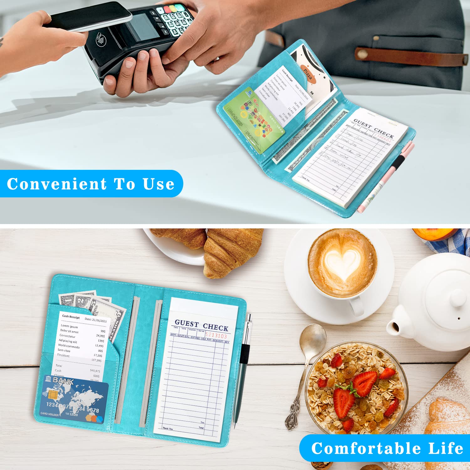 ACdream Server Books for Waitress, Guest Book Note Pad, Cute Pocket Leather Money Organizer Wallet, Cash Check Bill Receipt Holder Presenter, Waiter Accessories Fit Server Apron