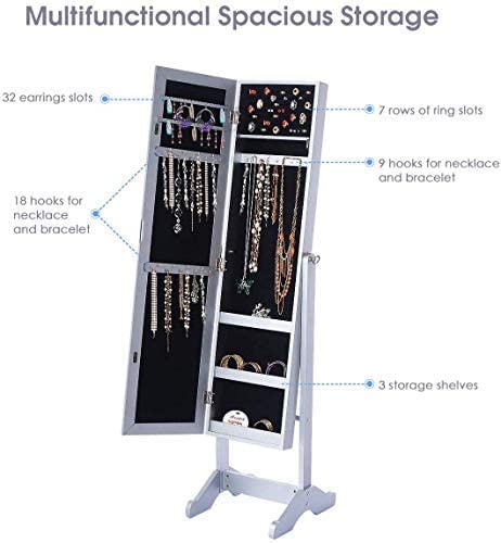 DECOMIL – Jewelry Armoire with Mirror | Jewelry Cabinet Standing, LED Lights and Full lengt Mirror | White