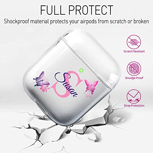 Custom Name & Initial Crystal Clear Airpods Case for Apple AirPod 1 and 2nd Generation,Thin Shockproof Protective Customized Transparent Case(Purple Butterfly)