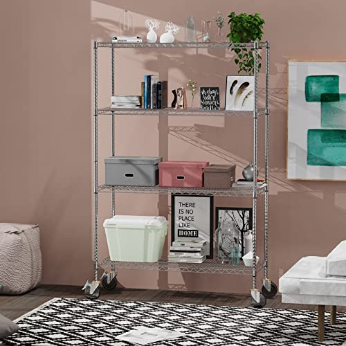Raynesys Wire Shelving with 4" Wheels, 2400Lbs Heavy Duty 4-Tier Shelving Metal Shelves, 48x18x72in Steel Wire Storage Shelf Commercial Grade Adjustable Utility Rack for Garage, Kitchen, Chrome