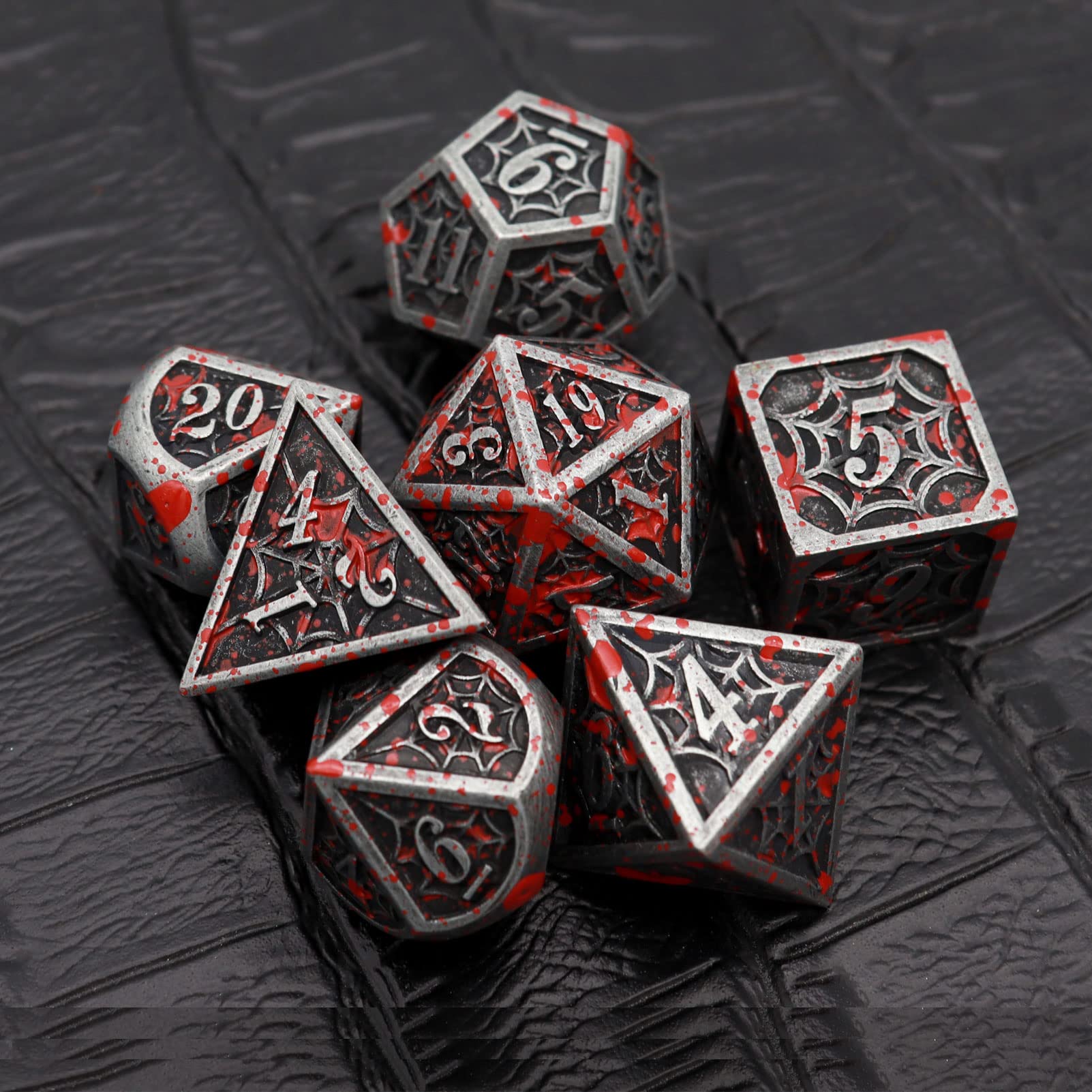 Haxtec Blood Splatter Metal DND Dice Set W/Gift Leather Dice Bag Bloodstained D&D Dice Spider Web Pattern Polyhedral Dice for Dungeons and Dragons TTRPG Games