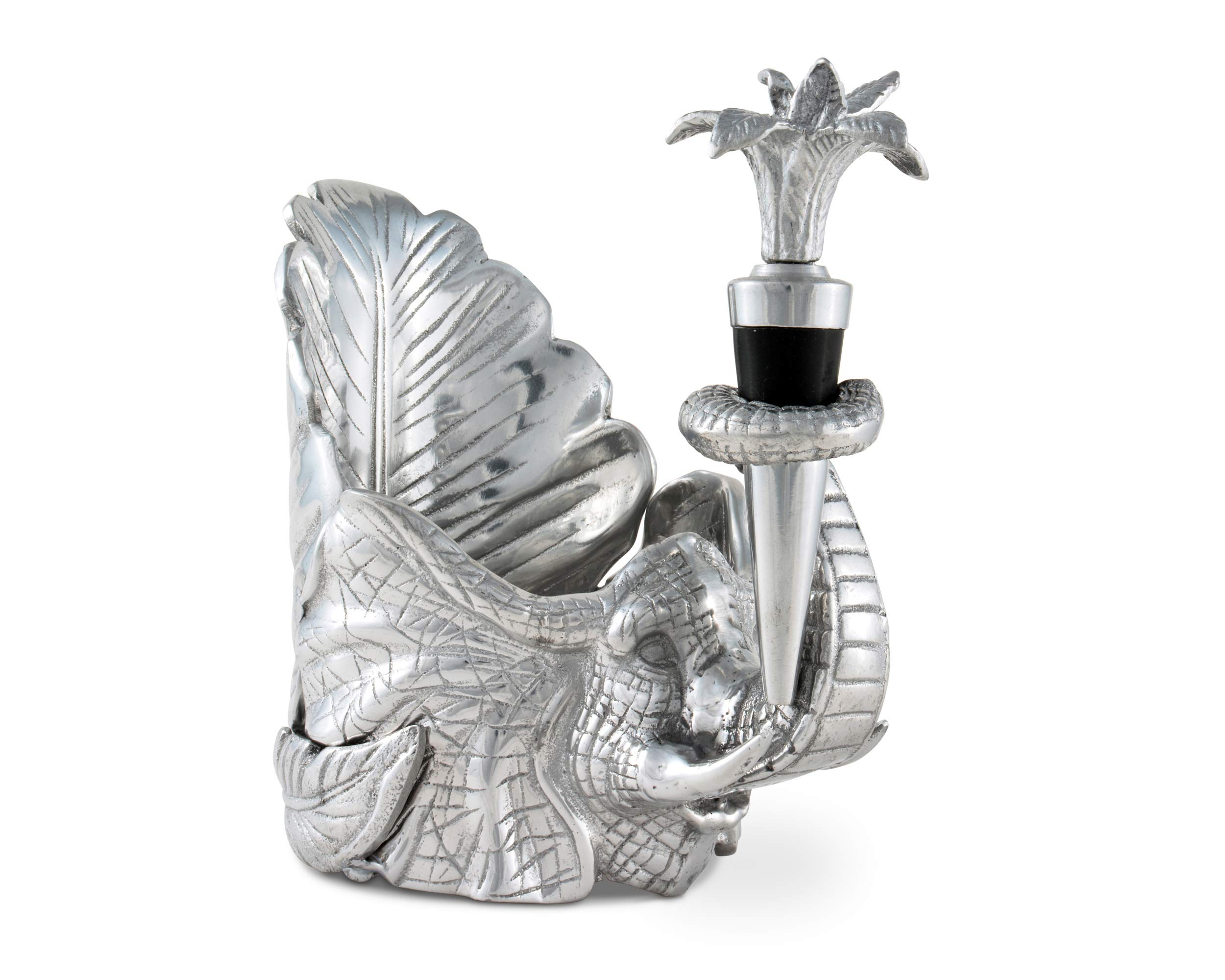 Arthur Court Aluminum Metal Elephant Wine Coaster and Stopper Set Sand casted Artisan Metal 4.5 inch Diameter Coaster 7 inch Tall