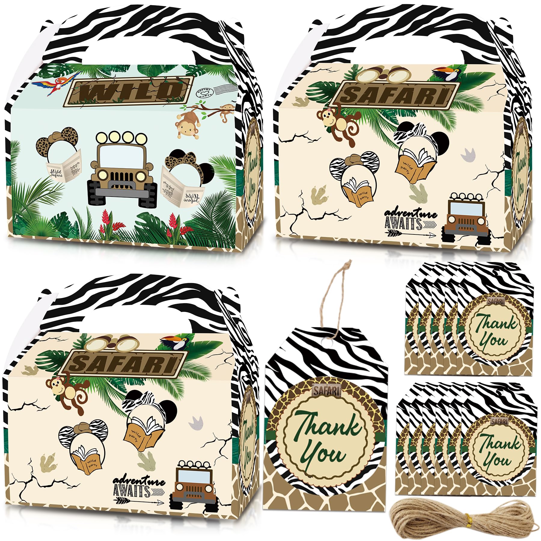 Apinwin 12PCS Mouse Safari Party Gift Boxes With Thank You Card Tags, Mouse Safari Birthday Decorations, Wild Adventure Animal Safari Goodie Candy Box for Baby Shower Birthday Party Supplies