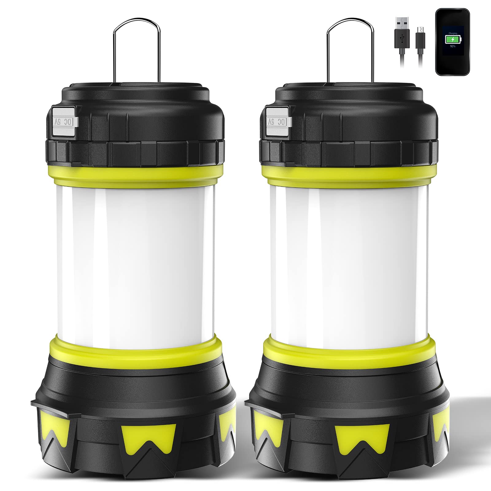 Bochaos Rechargeable Flashlights Camping Lantern, 6 Modes LED Bright Flashlight 3000mAh Battery, IPX4 Waterproof, Emergency Flashlight Lantern for Outdoor， Hurricane, USB Cable Included-2 Pack