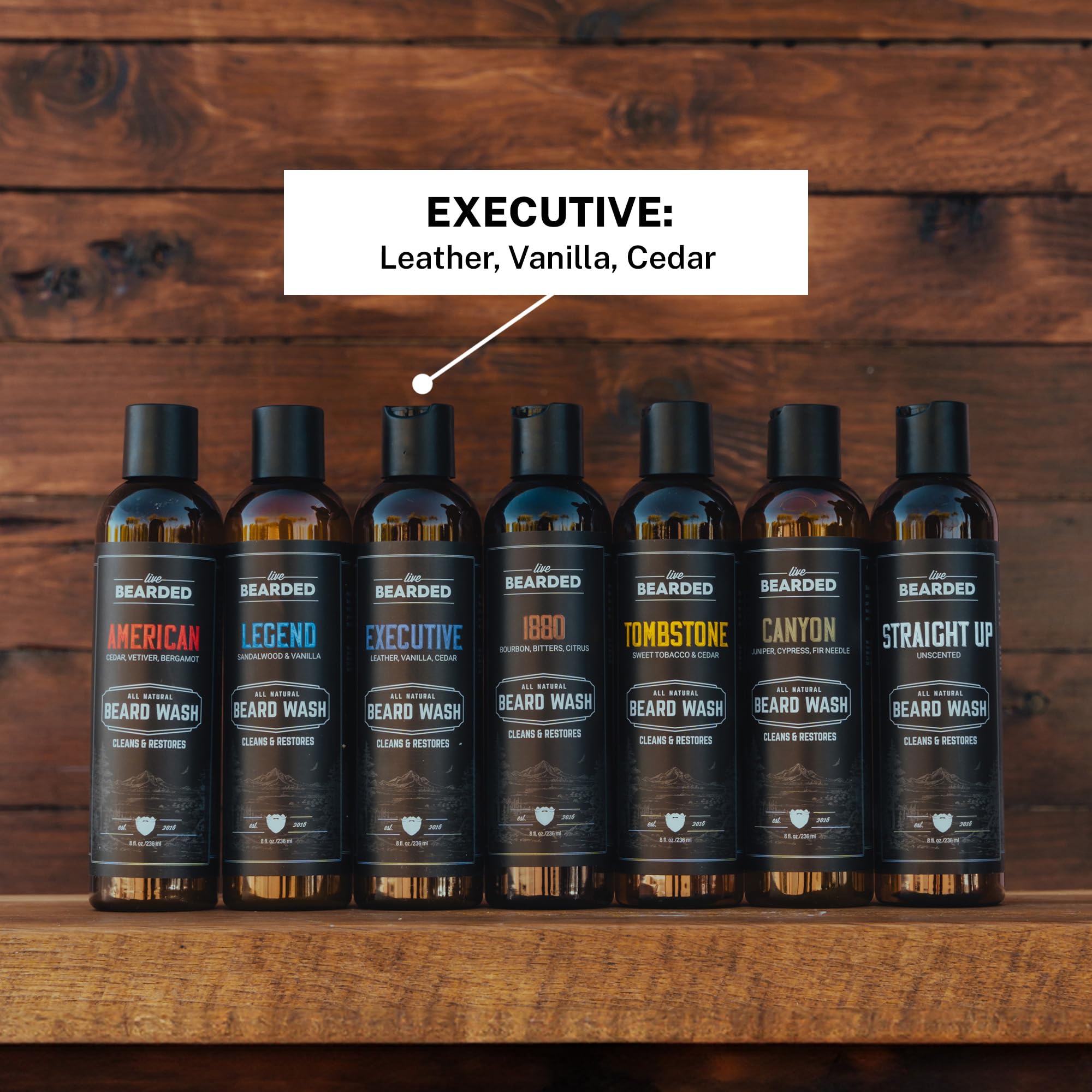 Live Bearded Beard Wash, 8 fl oz - Water-Based Face Cleanser with All-Natural Ingredients for a Gentle, Deep Clean - Made in the USA | Executive Scent - Cedar, Vanilla