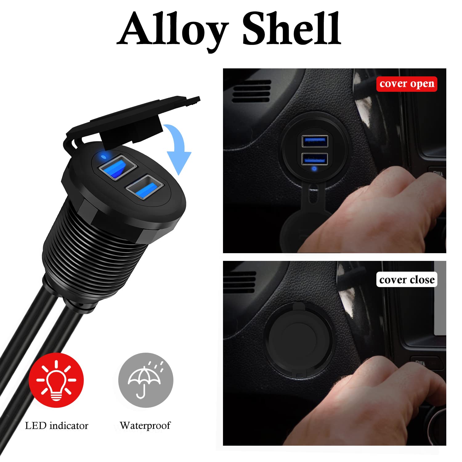 BATIGE Alloy Dual Port USB 3.0 Car Dashboard Flush Mount Cable, Male to Female with LED Indicator Extension Cable for Car Truck Boat Motorcycle Dashboard Panel - 3ft