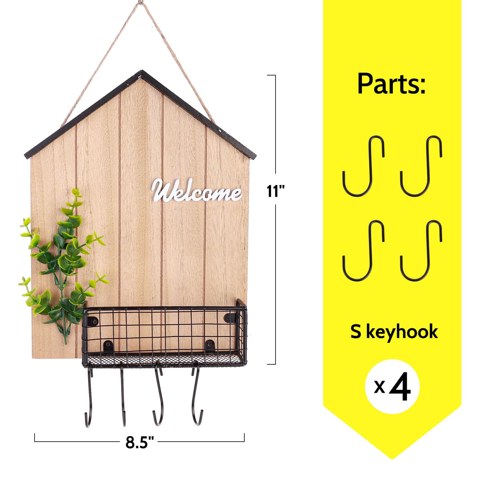 LORDLDS Key Holder for Wall Decorative, Farmhouse Mail Organizer Wall Mounted with 4 Removable S-Hooks for Entryway, Hallway, Kitchen, Living Room, Office (Eucalyptus)