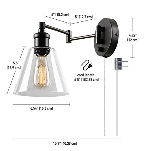 Globe Electric 65311 1-Light Plug-in or Hardwire Industrial Wall Sconce, Dark Bronze Finish, On/Off Rotary Switch, 6ft Clear Cord, Clear Glass Shade, Wall Lights for Bedroom Plug in, Kitchen Sconces