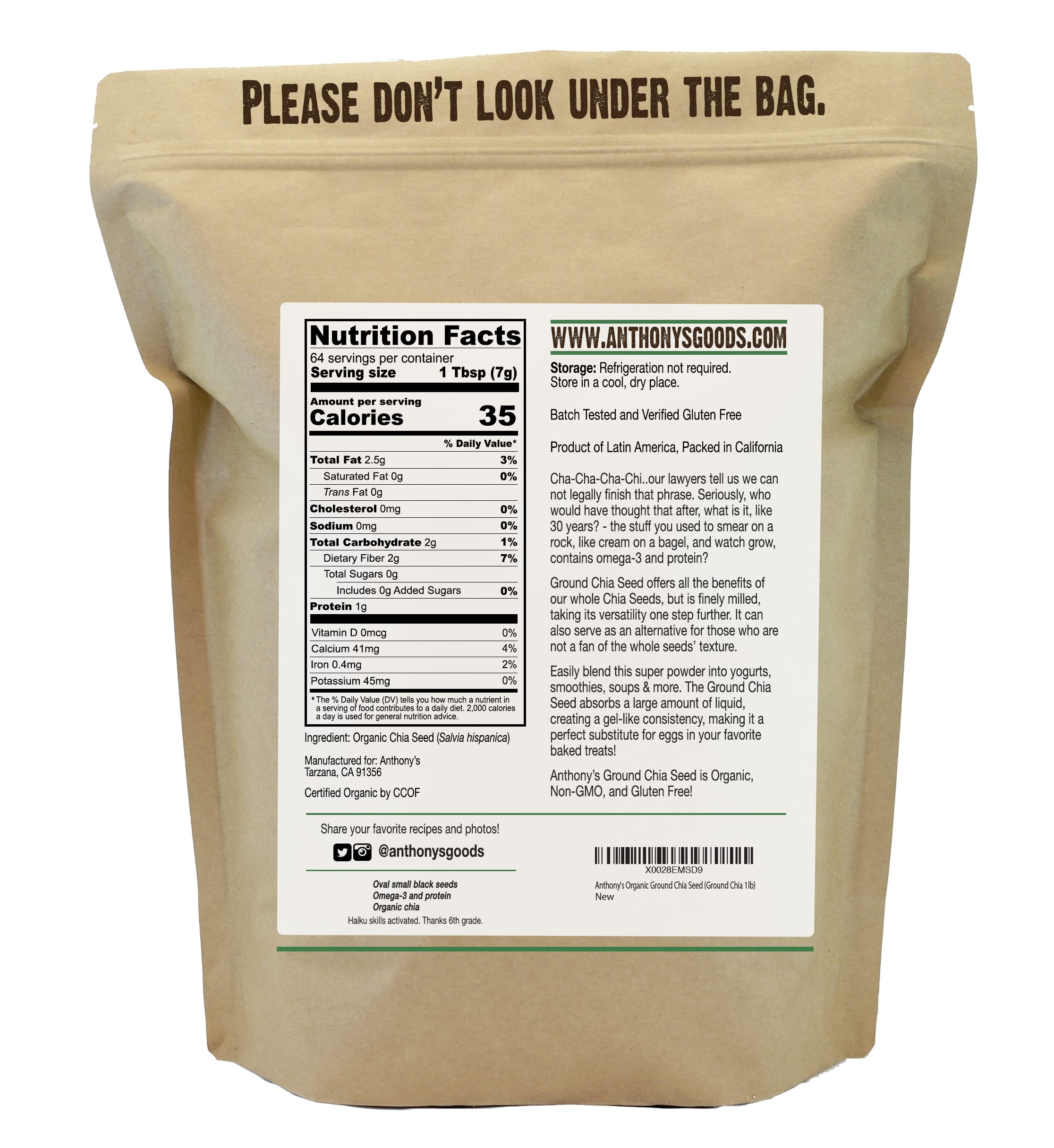 Anthony's Organic Ground Chia Seed, 1 lb, Finely Ground, Cold Milled, Gluten Free, Non GMO