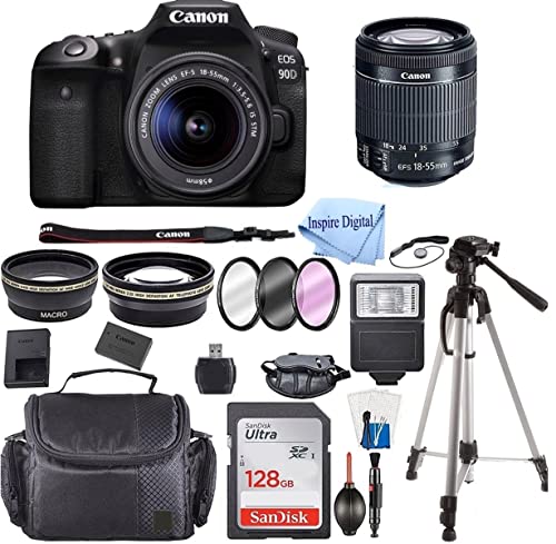 Canon EOS Rebel 90D DSLR Camera w/EF-S 18-55mm f/3.5-5.6 Lens +128GB High Speed Memory + Case + Filters + Tripod + Inspire Digital Cloth & More (Renewed)