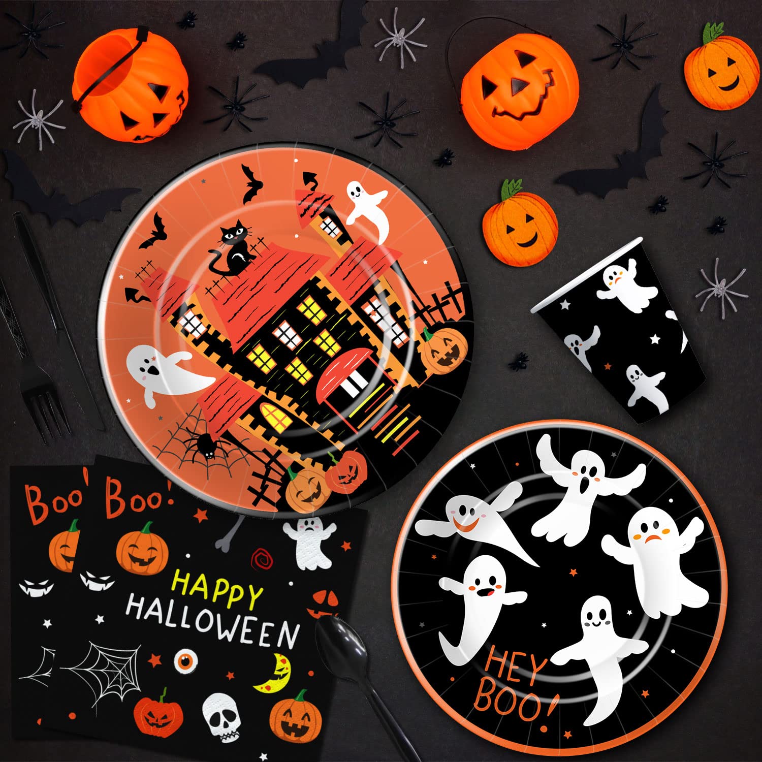 APOWBLS Halloween Decorations Party Tableware - Halloween Party Supplies, Halloween Birthday Plates, Napkins, Cups, Tablecloth, Cutlery, Straws, For Halloween Party Decorations Dinnerware | Serves 24