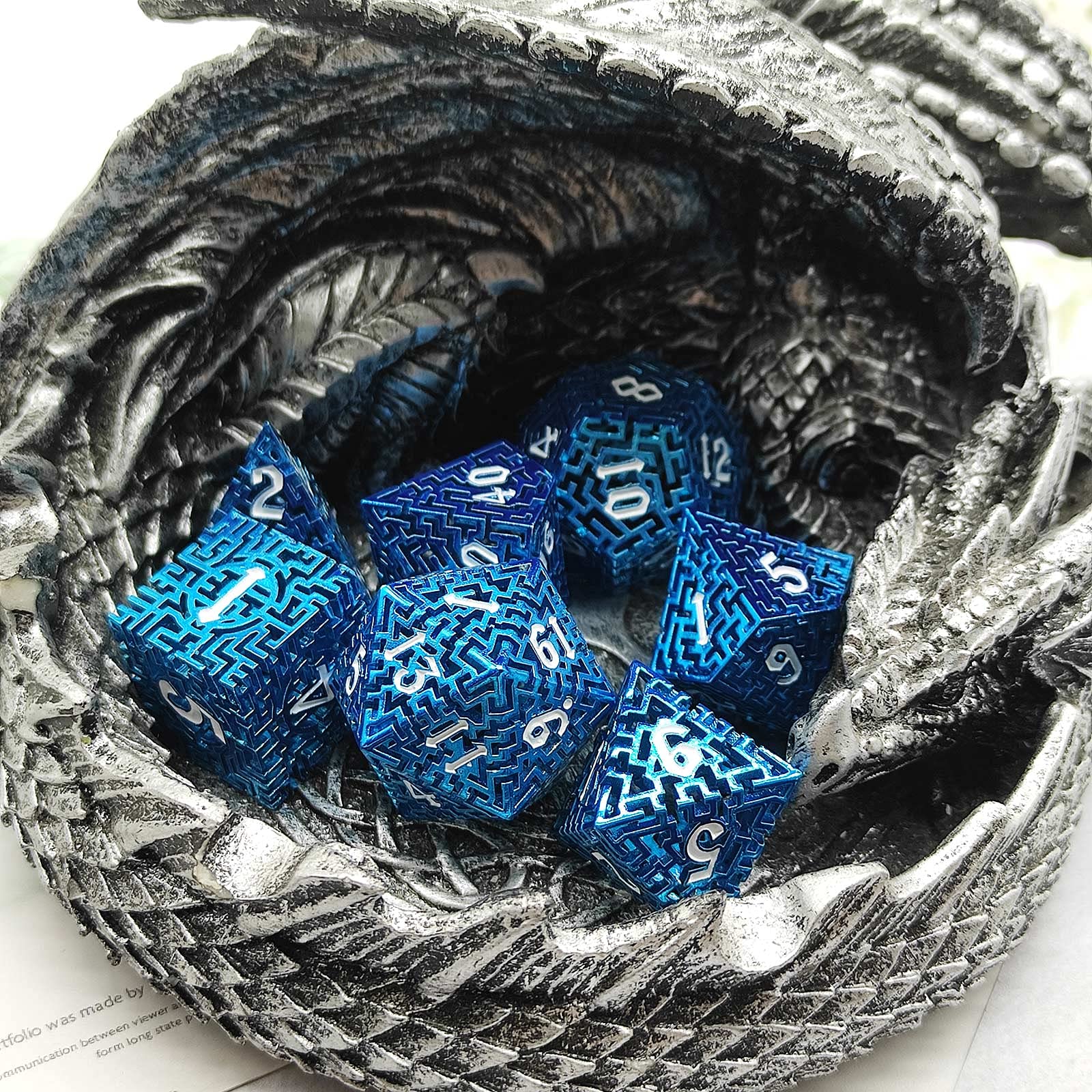 DND Polyhedral Hollow Metal Dice Set RPG Maze Design D&D Dungeons and Dragons D and D MTG Weighted Pathfinder Board Game D4 D6 D8 D10 D% D12 D20 (with Free Metal Storage Box) Dice-Blue