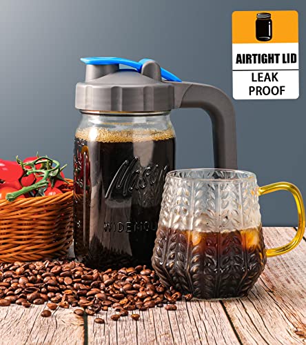Glass Mason Jar 32 oz Pitcher, 4 Pack Quart Mason Jar Pitcher with Wide Mouth Airtight Lid, Heavy Duty Glass Pitcher for Cold Brew, Ice Tea, Coffee, Sun Tea, Juice, Breastmilk