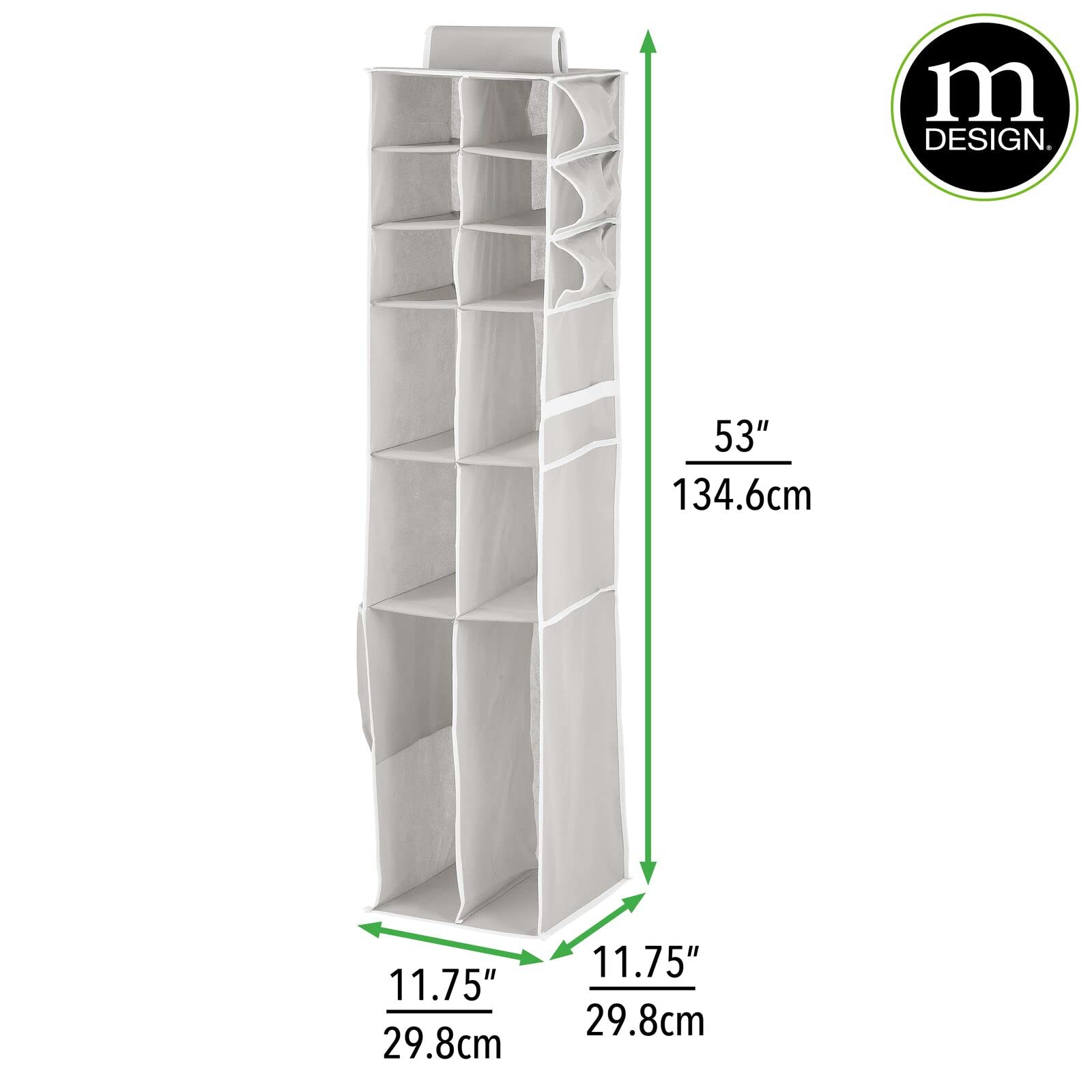 mDesign Long Fabric Hanging Organizer, Over Closet Rod Storage, 12 Shelves/Side Pockets for Nursery Bedroom Organization - Hold Clothes, Linens, Toys, Accessories - Jane Collection - Light Gray/White