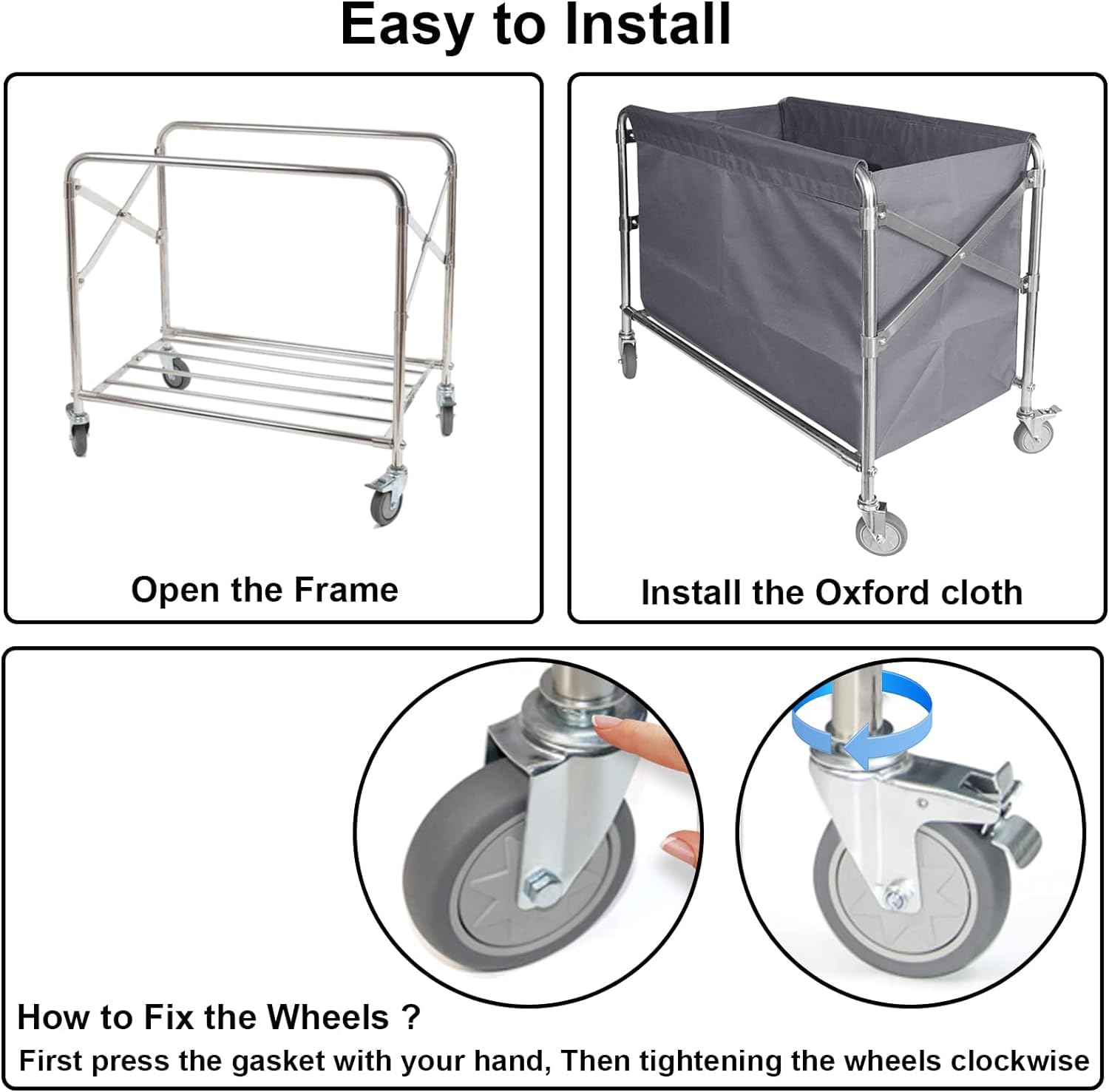 Bimiti Commercial Laundry Cart Folding Laundry Hamper Cart with Heavy Duty Rolling Lockable Wheels Collapsible Stainless Steel Laundry Trolley Cart with Foldable Waterproof Oxford Bag