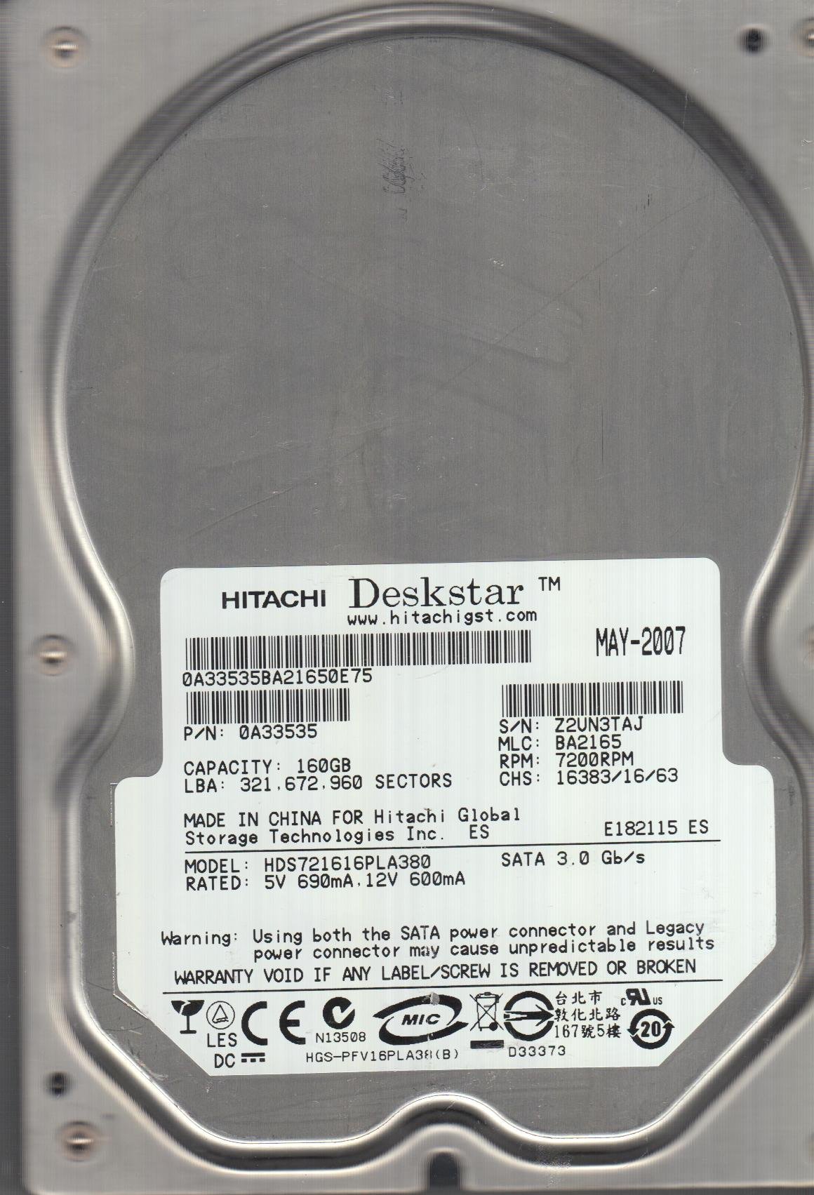 HDS721616PLA380, PN 0A33535, MLC BA2165, Hitachi 160GB SATA 3.5 Hard Drive