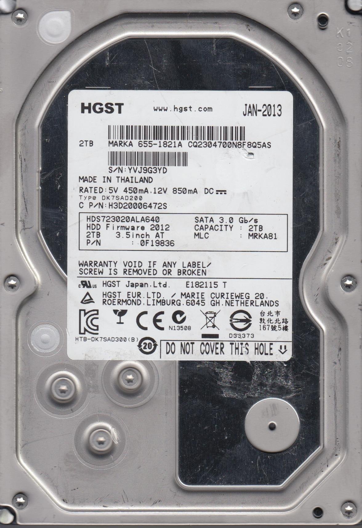 HDS723020ALA640, PN 0F19836, MLC MRKA81, Hitachi 2TB SATA 3.5 Hard Drive