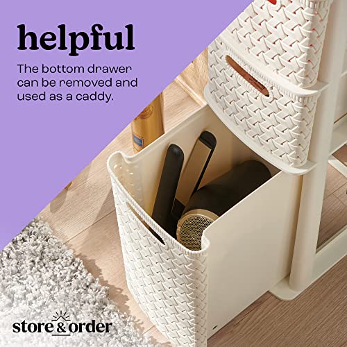 Store & Order Slimline 3 Drawer Tower - Slim & Narrow Plastic Drawers, Perfect Storage Unit for Bathroom, Hallway, Office, Wardrobe or Utility Room, White Rattan Design