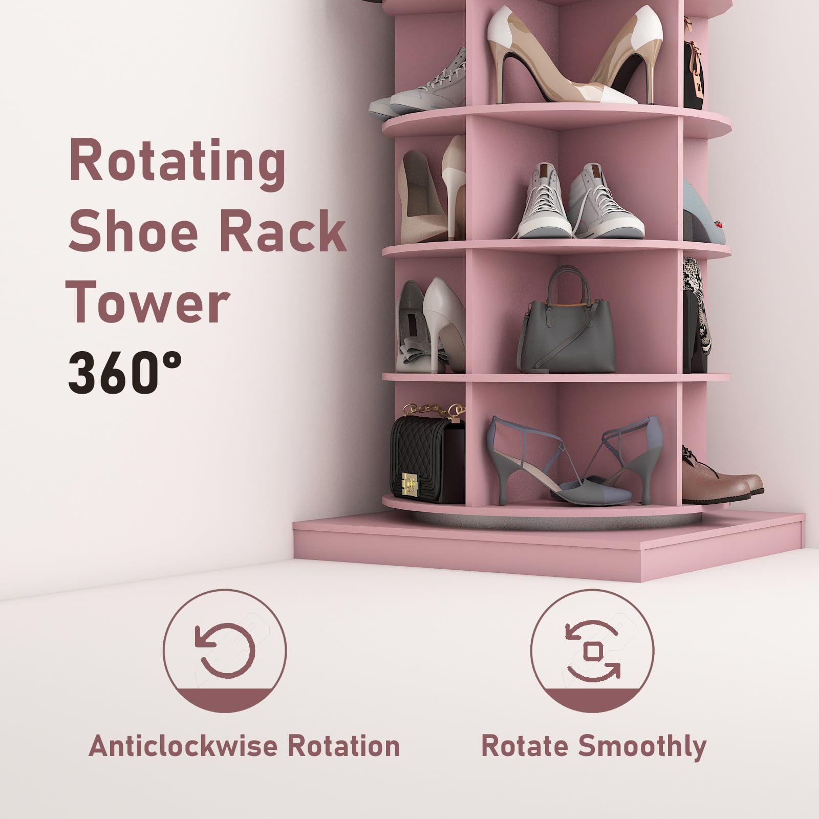 Dithoko Rotating Shoe Rack, 7-Tiers Storage Shoe Rack Tower, Free Standing 360°Shoe Storage Organizer Shoe Rack for Entryway Living Room Hallway (Pink, 7-Tiers)