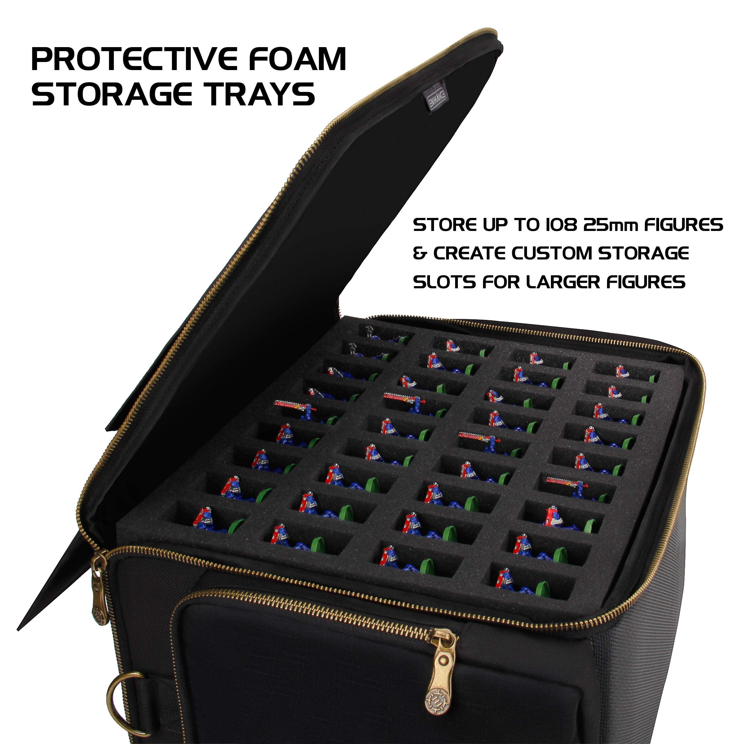 ENHANCE Portable Miniature Figure Storage & Carrying Case - 4 Foam Layers fits 108 Infantry Minis & Pick & Pluck for Large Figures - Book Sleeve & 2 Accessory Pockets for Measuring Tape, Dice & More