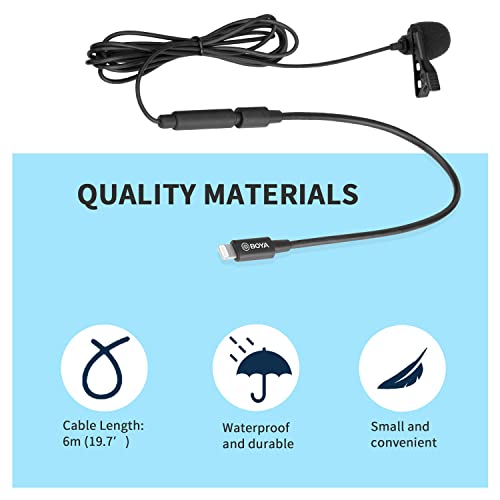 BOYA Lavalier Lightning Microphone for iOS iPhone 11 Vlog, 20 ft/6m by-M2 Lapel Universal Mic with Lightning Plug Adapter for iPhone 11 10 X 8 7 MAC YouTube Video Facebook Live
