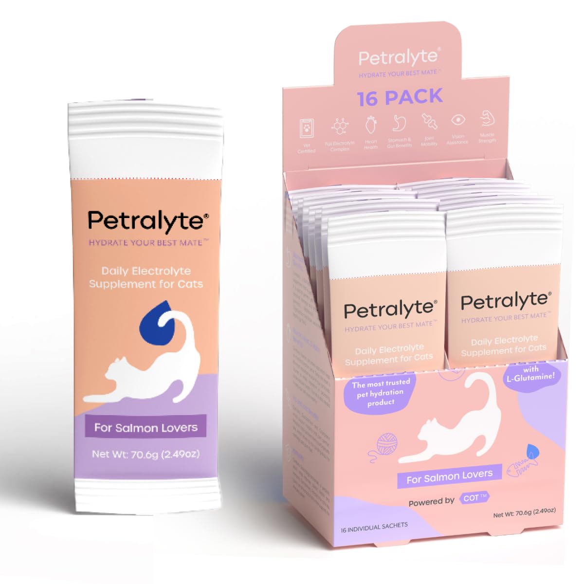 Petralyte Cat Hydration Electrolyte and Cat Joint Supplement | Glucosamine, Chondroitin & MSM for Immunity and Mobility with L-Glutamine, Taurine, Lysine & Prebiotics | Tuna & Salmon | 8 Packets