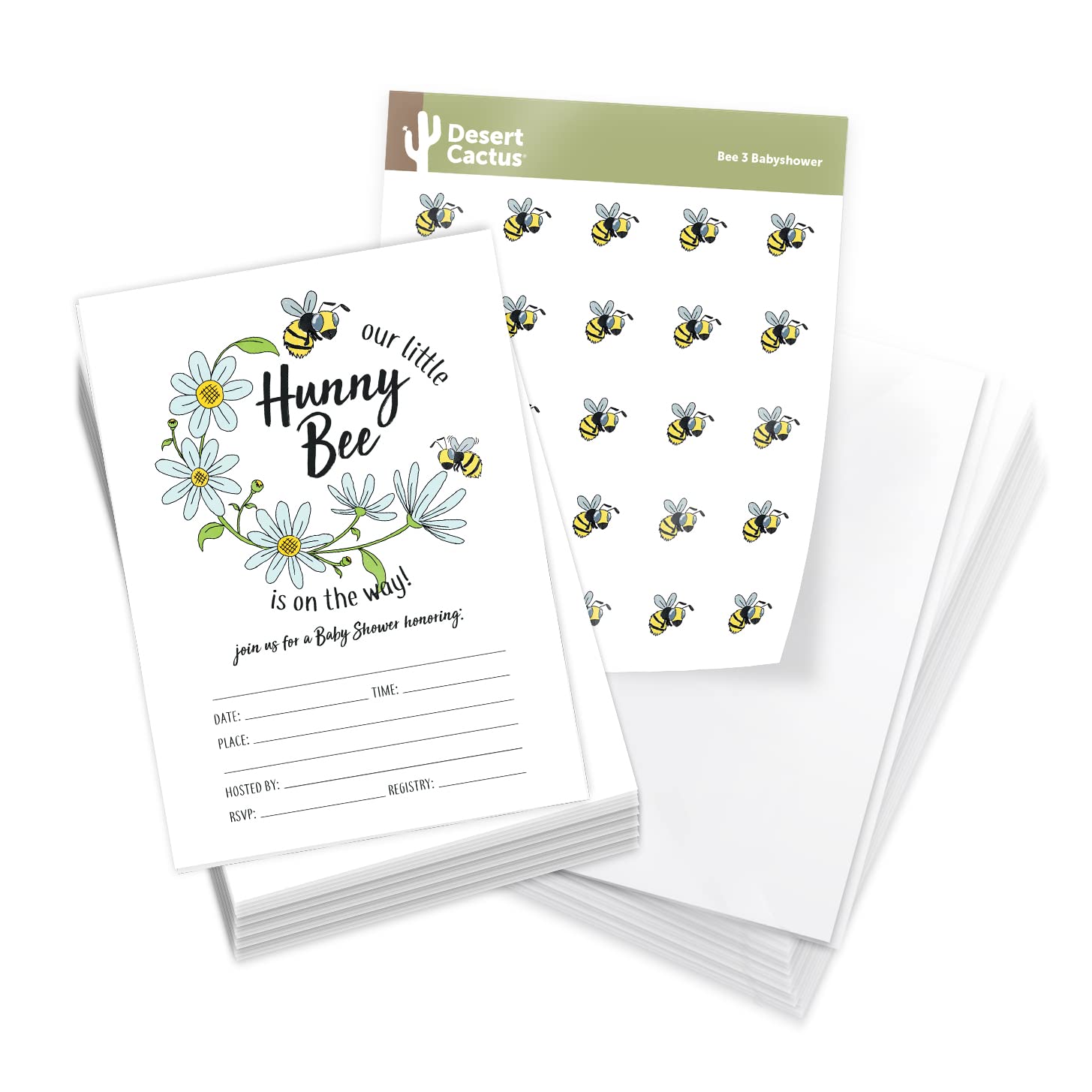 Desert Cactus Bumble Bee Baby Shower Invitations Invite Cards (25 Count) With Envelopes Girl Boy (25ct Baby) Bee 3