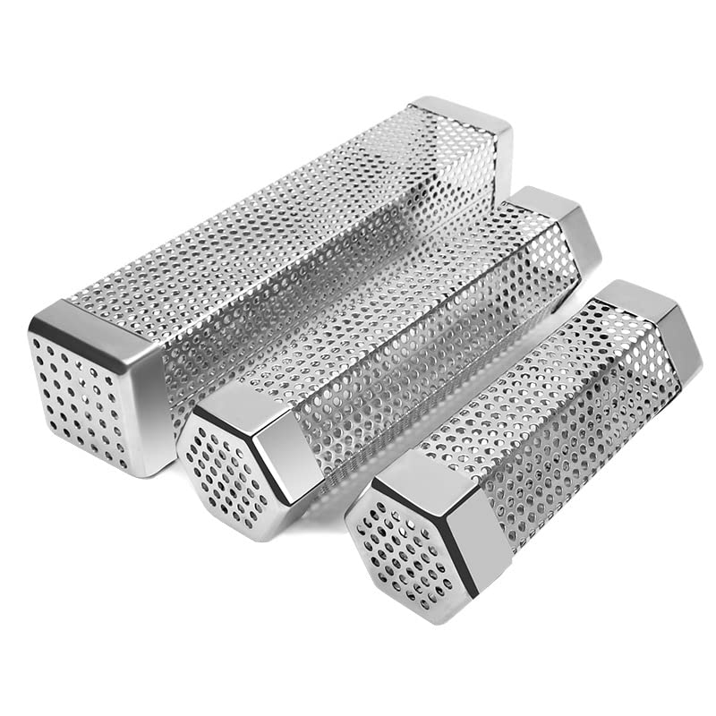 BBQ Outdoor Picnic Stainless Steel Smoked Pellet Tube, Camping Outing Barbecue Grilling Meat Flavor Bacon Smokey Accessories, 5/6/7 Inch Square Hexagonal Smoker Pipe for Hot/Cold Smoking (8 inch)