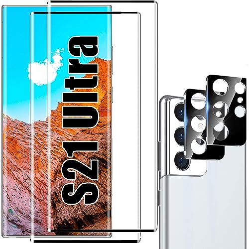 Arshek [2+2 Pack] Galaxy S21 Ultra Screen Protector, 9H Tempered Glass Include two Camera Lens Protector,Ultrasonic Fingerprint Compatible,3D Curved, HD Clear for Samsung 5G Protector