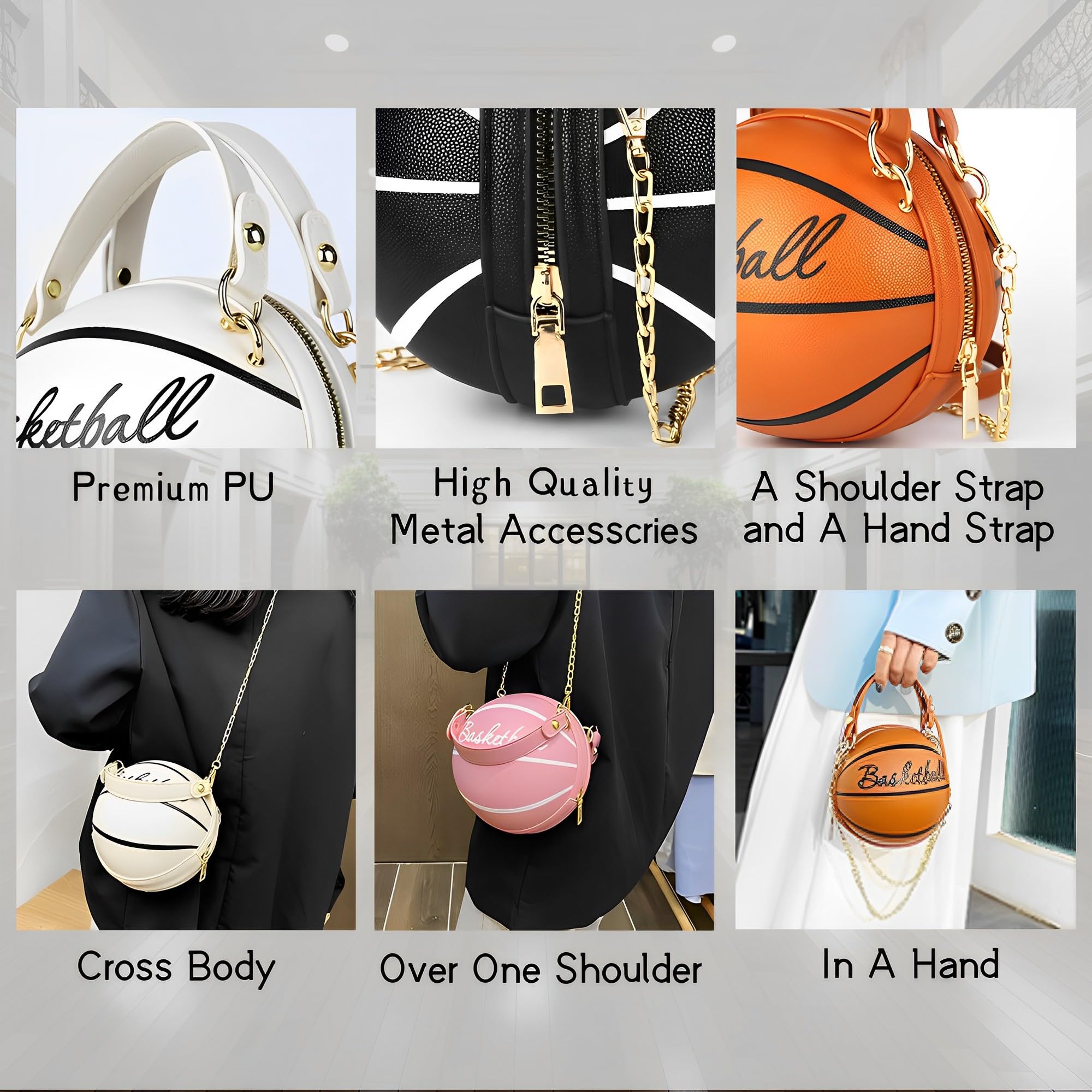 WLC Basketball Shape Purse,PU Spherical Shape Shoulder Bag for Women, White