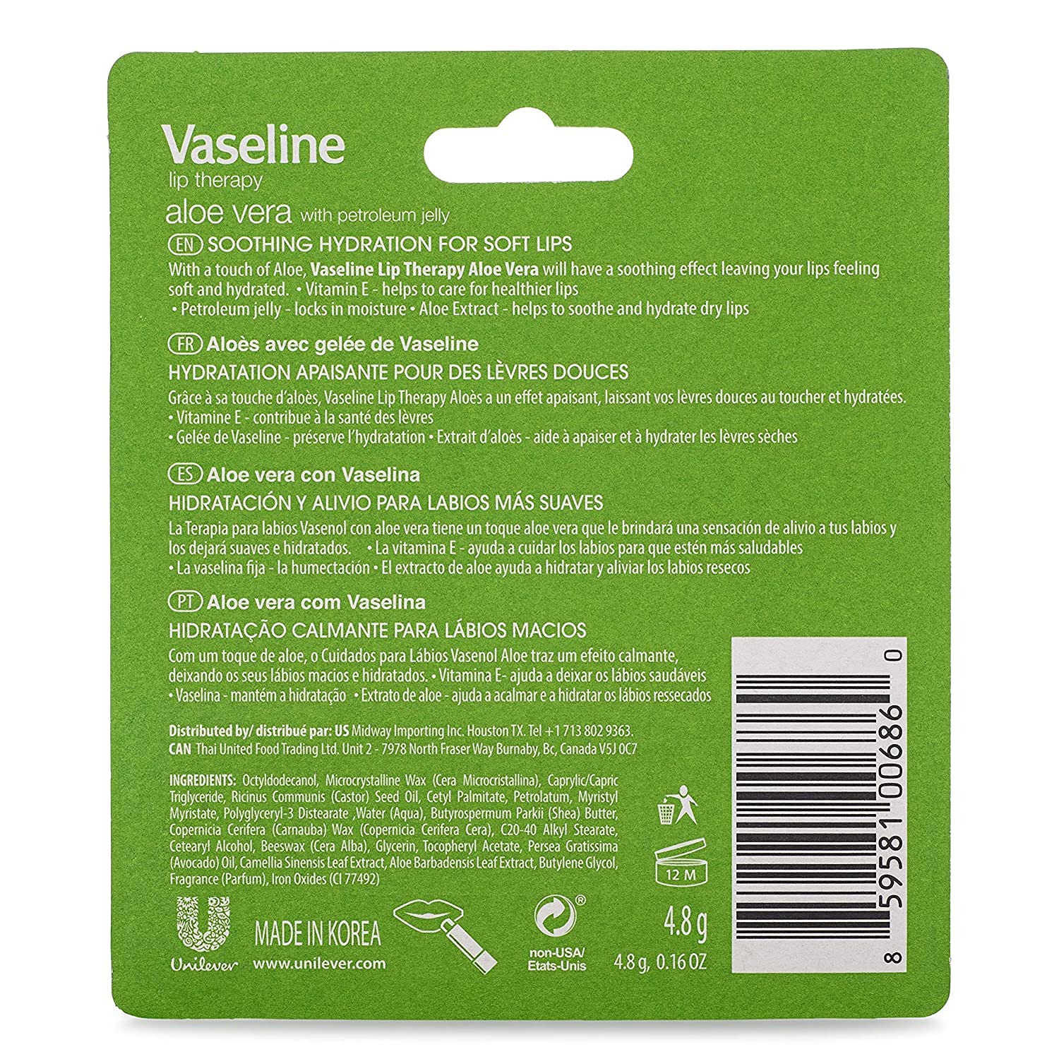 Vaseline Lip Therapy Aloe Vera | Lip Balm with Petroleum Jelly for providing your Lips with Ultimate Hydration and Essential Moisture to treat Chapped, Dry, Peeling, or Cracked Lips; 0.16 Oz (3 Pack)