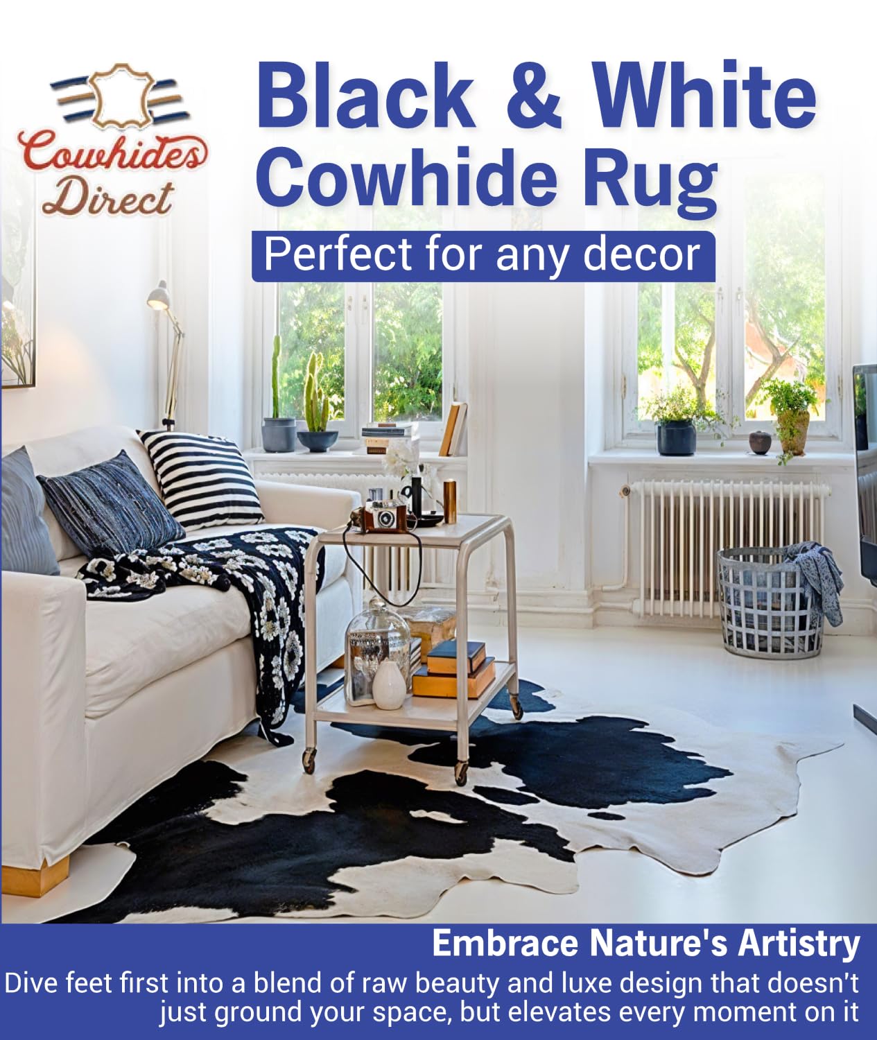 Cowhides Direct Genuine Cowhide Rug - Black & White Rug for Living Room, Bedroom & More - Authentic Cow Rug (6βx7β Black & White)