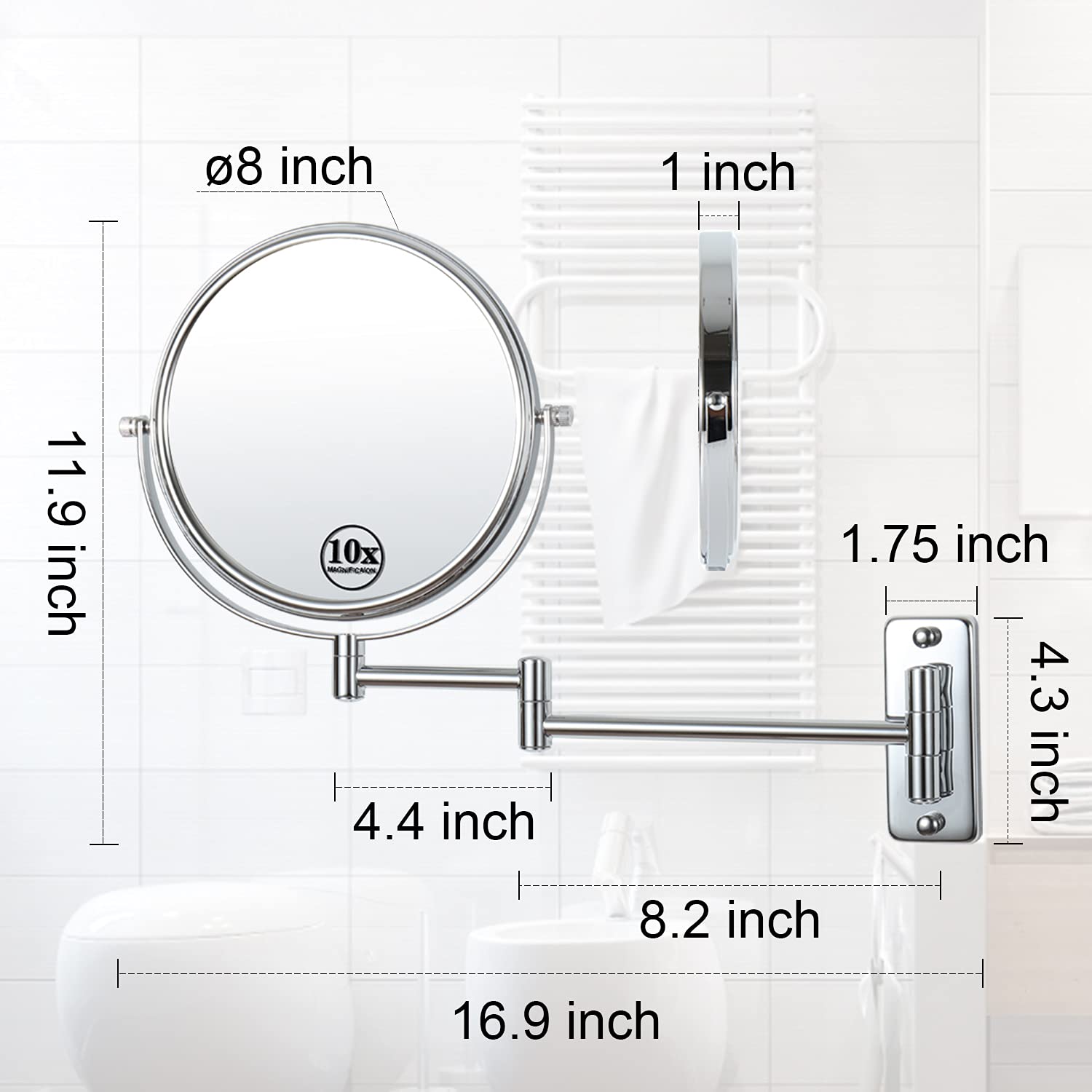 LANSI Wall Mounted Makeup Mirror, 10x/1x Double-Sided Magnifying Mirror, 360° Extendable Arm Bathroom Mirror, 8 inch Vanity Mirror for Makeup or Shaving Chrome Finish