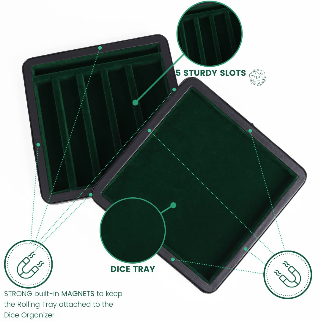 Guarida Dice - 7" Rolling Dice Tray with Strong Magnetic Lid and Rolling Surface - Ample Storage and Case Organizer for All Your Dice and Minis! Perfect for DND or Any Dice RPG Games - Green Cthulhu