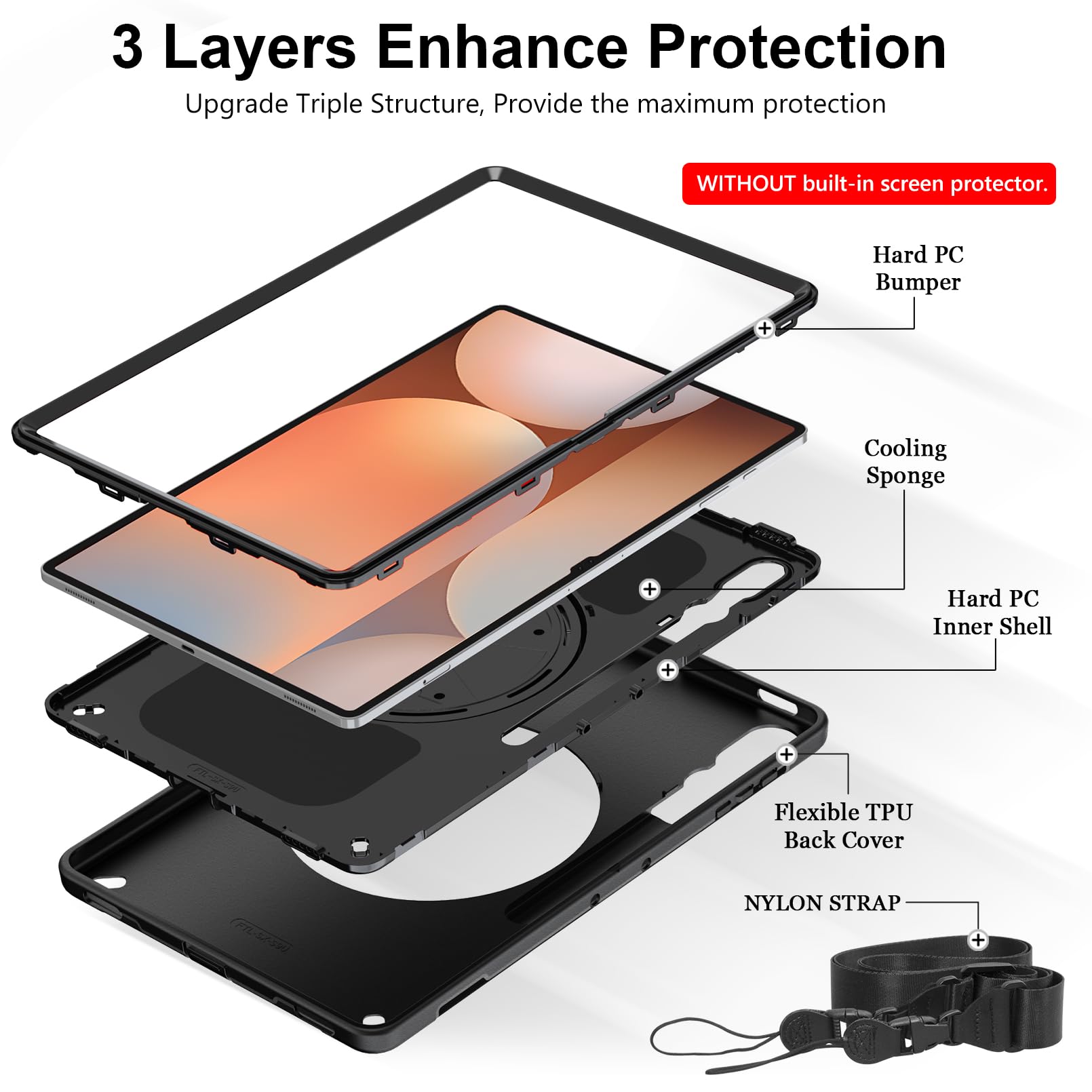 Case for Samsung Galaxy Tab S10 Ultra 2024: 3-Layer Rugged Military Grade Shockproof Case for Tab S9 Ultra/S8 Ultra 14.6 '' W/360° Swivel Stand - Handle - Shoulder Strap - S Pen Holder(Black+Black)