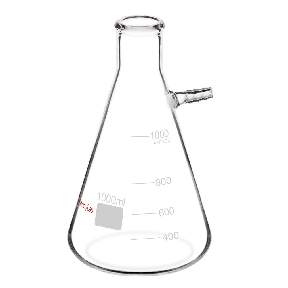 StonyLab 1000ml Borosilicate Glass Filtering Flask, Bolt Neck with Tubulation, 1L (1 Liter)