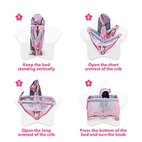 HONEY JOY Pack and Play with Bassinet, 3 in 1 Portable Baby Playard with Infant Full-Size Bassinet & Changing Table, Diaper Stacker, Foldable Play Yard Nursery Center w/Toy Bar, Oxford Bag (Pink)