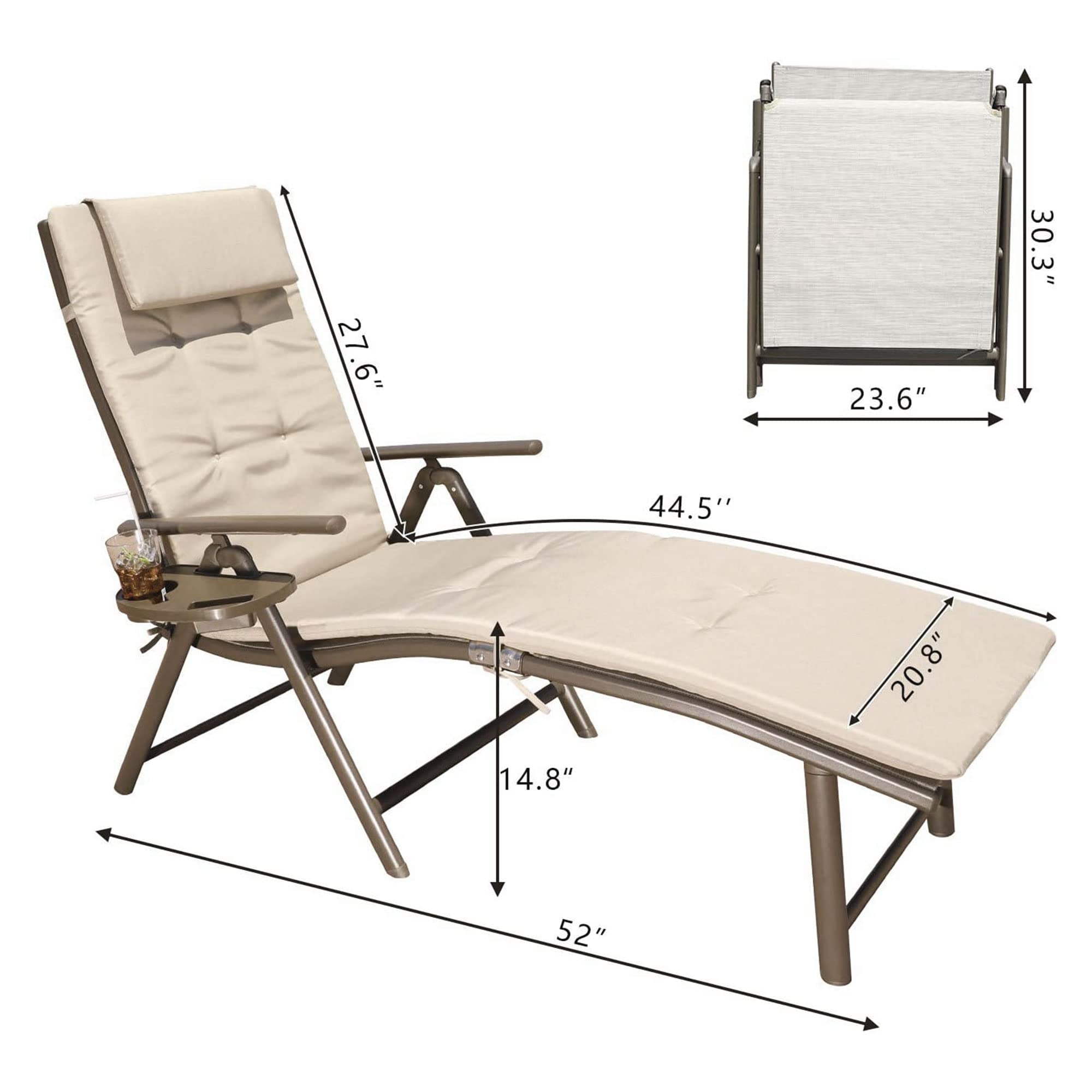 GOLDSUN Aluminum Outdoor Folding Reclining Lounge Chair (Beige with Caramel, Single)