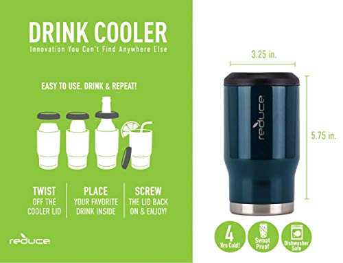Reduce Can Cooler - 4-in-1 Stainless Steel Can Holder & Beer Bottle Holder, 4 Hours Cold - The Drink Cooler For 12oz Slim Cans, Regular Cans, Bottles & Mixed Drinks - Glacier & Dark Web, Opaque Gloss