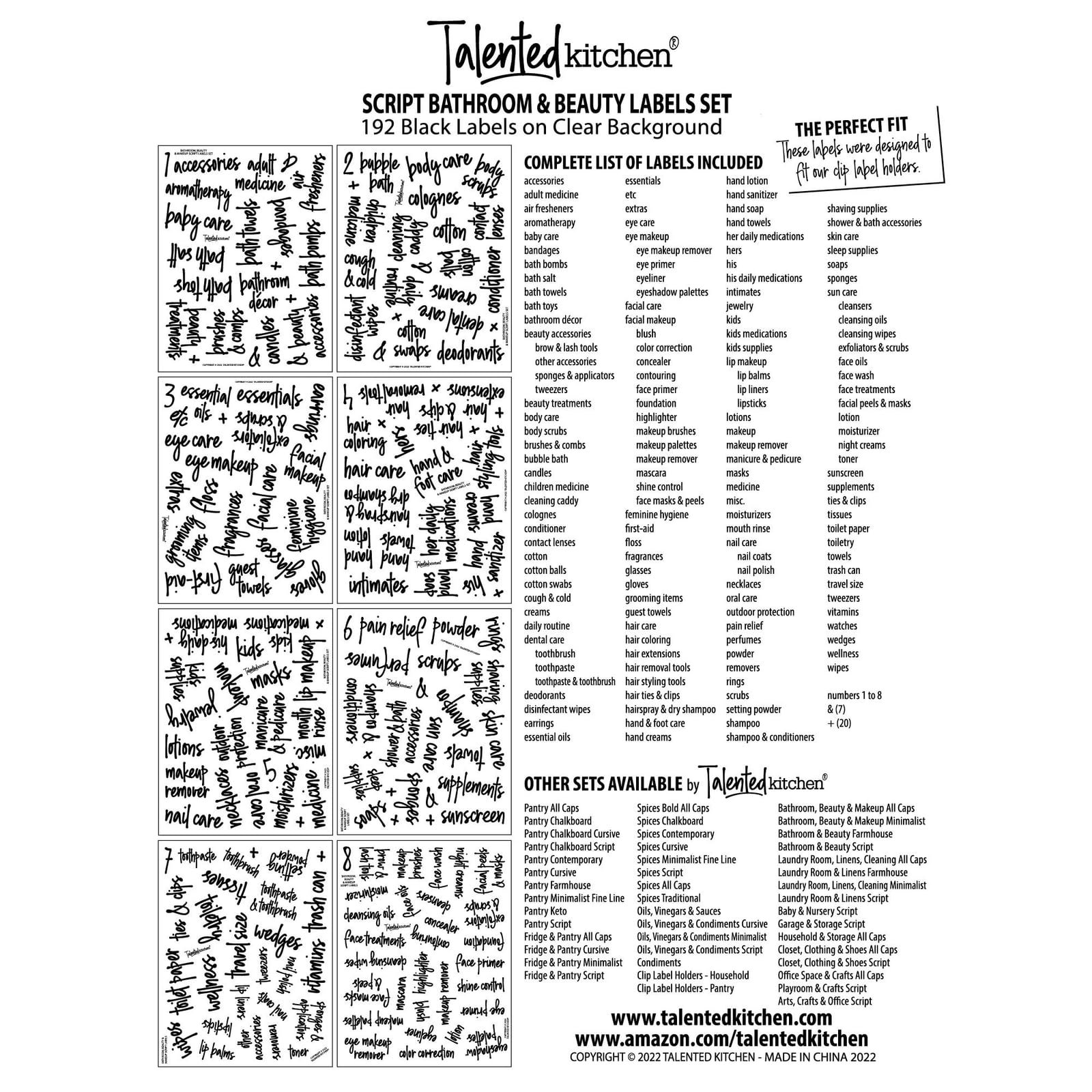 Talented Kitchen 192 Preprinted Bathroom Labels for Containers - Black Script Stickers for Organizer Bins, Bath, Beauty Canisters, and Makeup Storage Organization (Water Resistant)