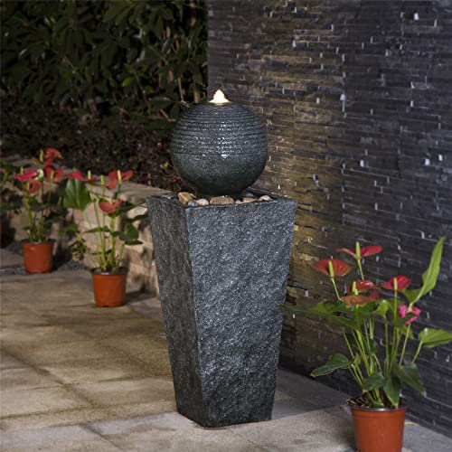 Glitzhome Patio Fountain Waterfall with LED Light Decorative Outdoor Fountain Pedestal Water Fountain with Submersible Pump Vintage Garden Waterfall Decor for Garden Patio Deck Porch, 31.69”H
