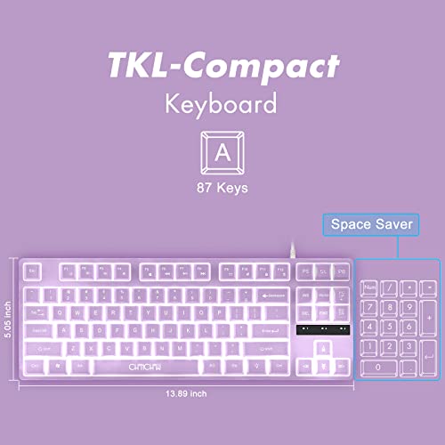 Gaming Keyboard and Mouse Purple Keyboard with White Backlit,CHONCNHOW 87keys LED Keyboard and Mic 3600DPI Wired 19-Keys No Conflict for Windows/Mac/Games(PurpleI,lluminated Key)