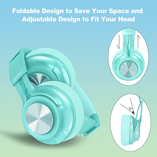 REETEC Wireless Bluetooth Headphones Over-Ear - [40 Hrs Playing Time, Soft Protein Earpads] Foldable HiFi Stereo Wireless Headphones with Microphone, Deep Bass Headset for Phone, PC, iPad - Mint Green