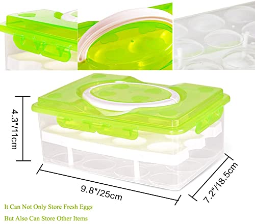 HOTUMN 2 Tiers Deviled Egg Containers with Lid & Holder Plastic Egg Holders Clear Egg Tray Egg Carrier Fridge Freezer Food Storage (Green) 24 eggs