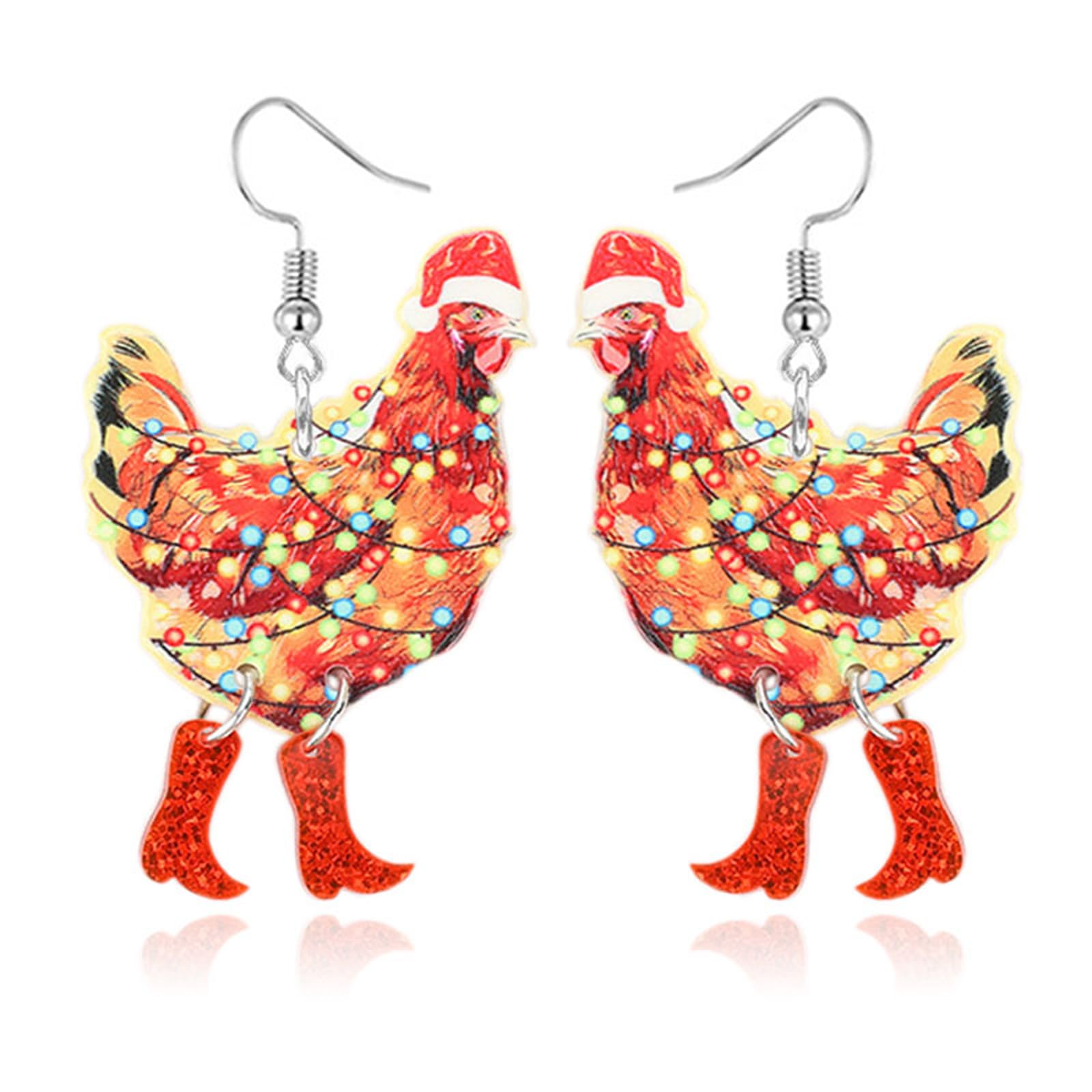 Acrylic Big Rooster Chicken Earrings Funny Cute Kawaii Dinosaur Chicken Dangle Earrings Farm Boots Chicken Hen Dangle Earrings for Women Aesthetic Charming Jewelry Gift (Christmas Chicken)