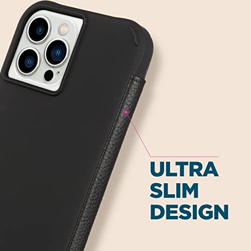 Case-Mate Wallet Folio iPhone 13 Pro Case - Black [10FT Drop Protection] [Compatible with MagSafe] Flip Folio Shockproof Cover Made with Genuine Pebbled Leather, Landscape Stand, Cash & Card Holder