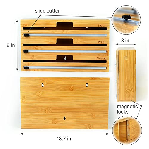 Food Wrap Organizer For Kitchen Cabinets - 3-in-1 Dispenser With Cutters For Plastic Wrap, Aluminum Foil and Wax Paper - Bamboo Organizer With Magnetic Drawer - Fits 12” Rolls